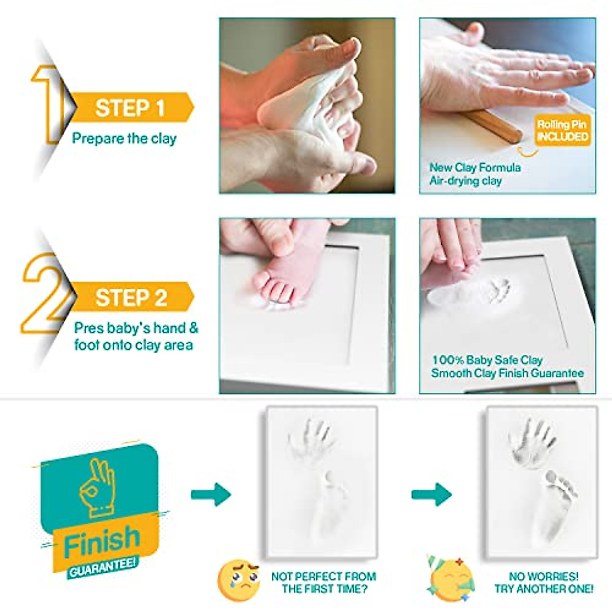 1Dino Premium Baby Handprint and Footprint Kit - 11.6” x 9.3" White/Grey Wood Baby Picture Frame - Includes 2X Air-dry Clay Pack for Baby Hand and Footprints - Baby Registry, Baby Shower Gifts