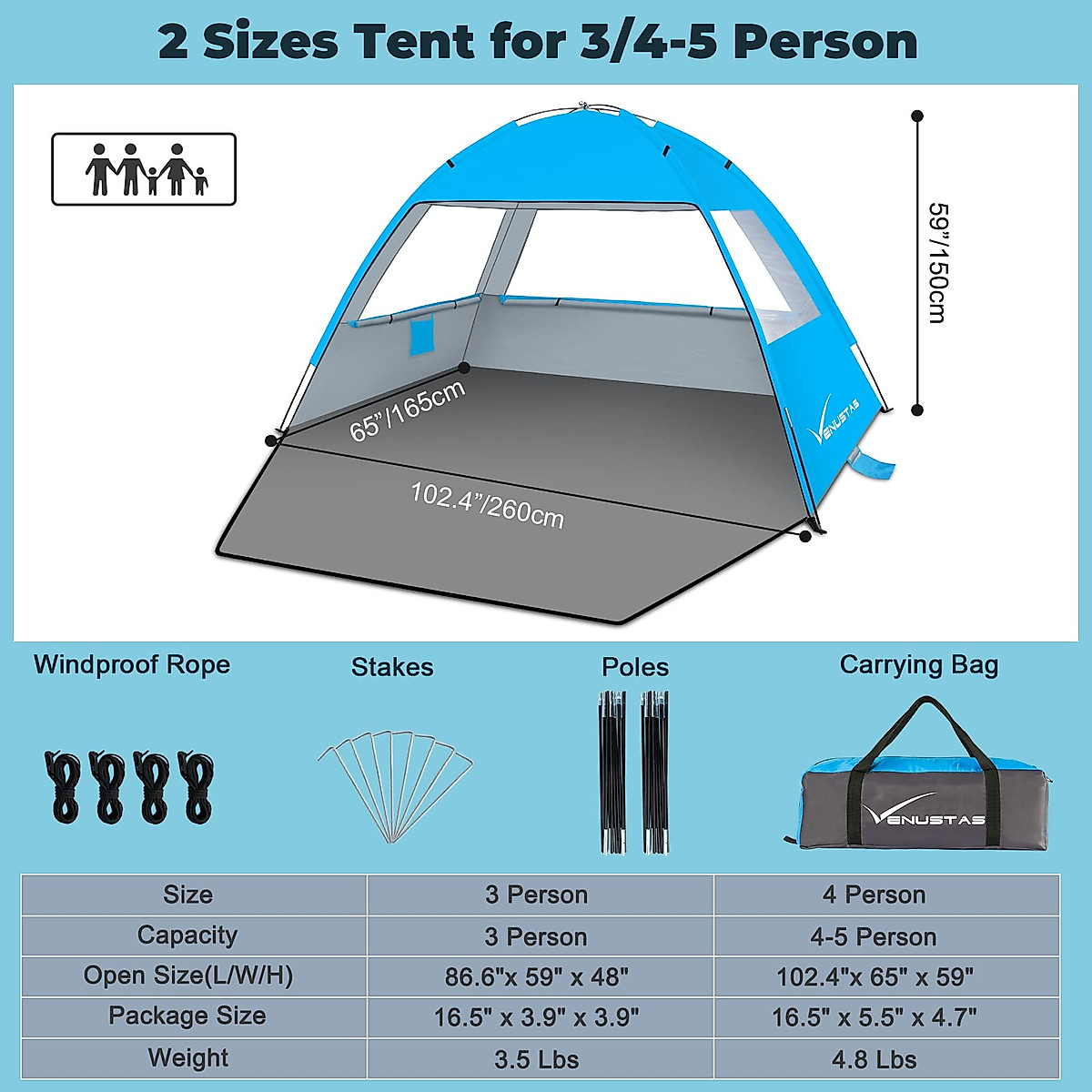 Venustas Beach Tent Sun Shelter for 3/4-5/6-7/8-10 Person, UPF 50+ UV Protection Portable Beach Canopy, Lightweight and Easy Setup Cabana