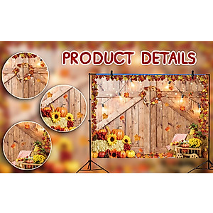 Fall Harvest Barn Backdrop Autumn Thanksgiving Wooden Farm Door Photography Background Rustic Pumpkin Maple Leaves Baby Shower Birthday Party Decorations Supplies 7x5FT