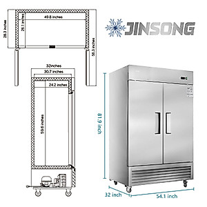 JINSONG 54" Commercial Refrigerator 2 Solid Door, 49 cu.ft 2 Section Stainless Steel Reach-in Refrigerator for Restaurant, Bar, Shop, Residential