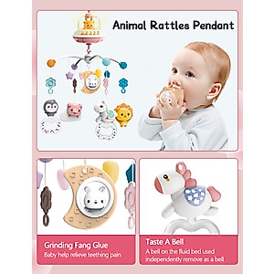 BSROLUNA Baby Crib Mobile with Music and Lights, Baby Mobile for Crib with Remote Control, Hanging Rotating Animals Rattles, 16 Songs and Timing Function, Cartoon Baby Crib Toys for Girls (BabyPink)