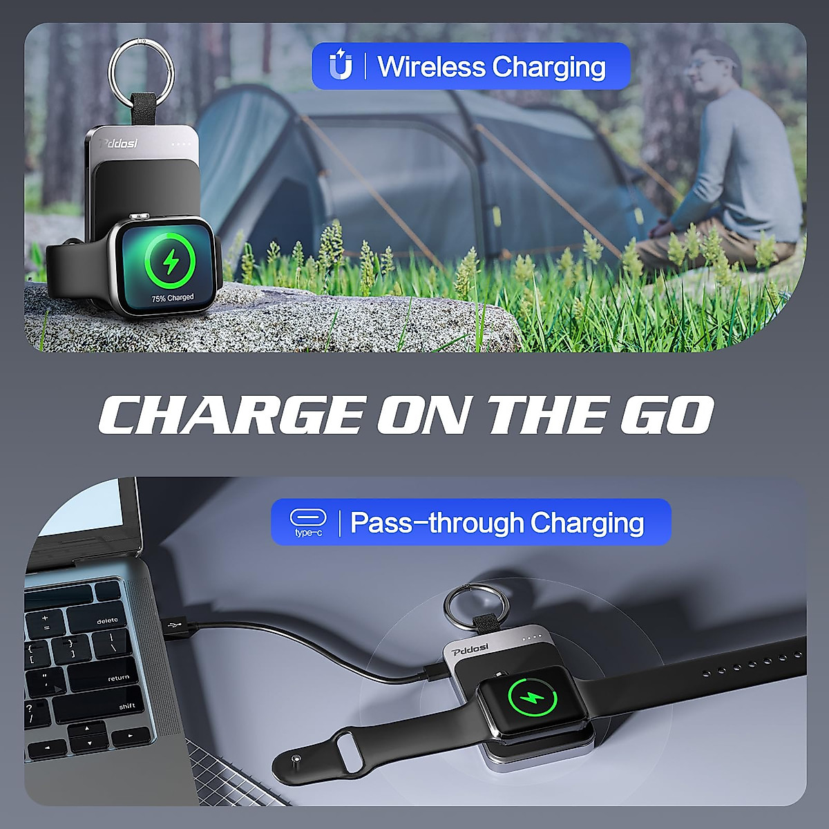 Pddosi Portable Charger for Apple Watch, 1500mAh iWatch Charger Travel, Magnetic Portable Watch Charger Keychain, Portable Wireless Charger for iWatch Series 10/9/8/7/6/5/4/3/2/SE/Ultra (Black)