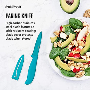 Farberware 2-Piece Paring Knife and Cutting Board Set, 3.5-Inch Paring Knife with Resin Coating and Custom-Fit Blade Cover and Non-Slip Plastic Chopping Board, Dishwasher-Safe Set, White/Blue