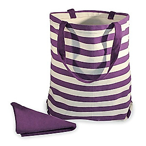 DII CAMZ33546 100% Cotton, Machine Washable Heavy Duty Canvas Reusable Shopping Tote Bag, Natural and Eggplant Damask, Set of 3