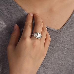 Personalize Estate Vintage Art Deco Style 3CT AAA CZ Halo Rectangle Emerald Cut Statement Engagement Ring For Women CZ Baguette Side Stones .925 Sterling Silver Custom Engraved