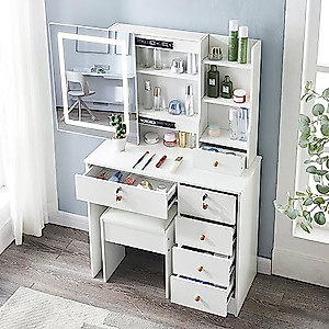 Makeup Vanity with Lights,Vanity Desk Set with LED Lighted Mirror,Makeup Vanity Table with 5 Drawers and Stool,White Vanity Set for Girls Women