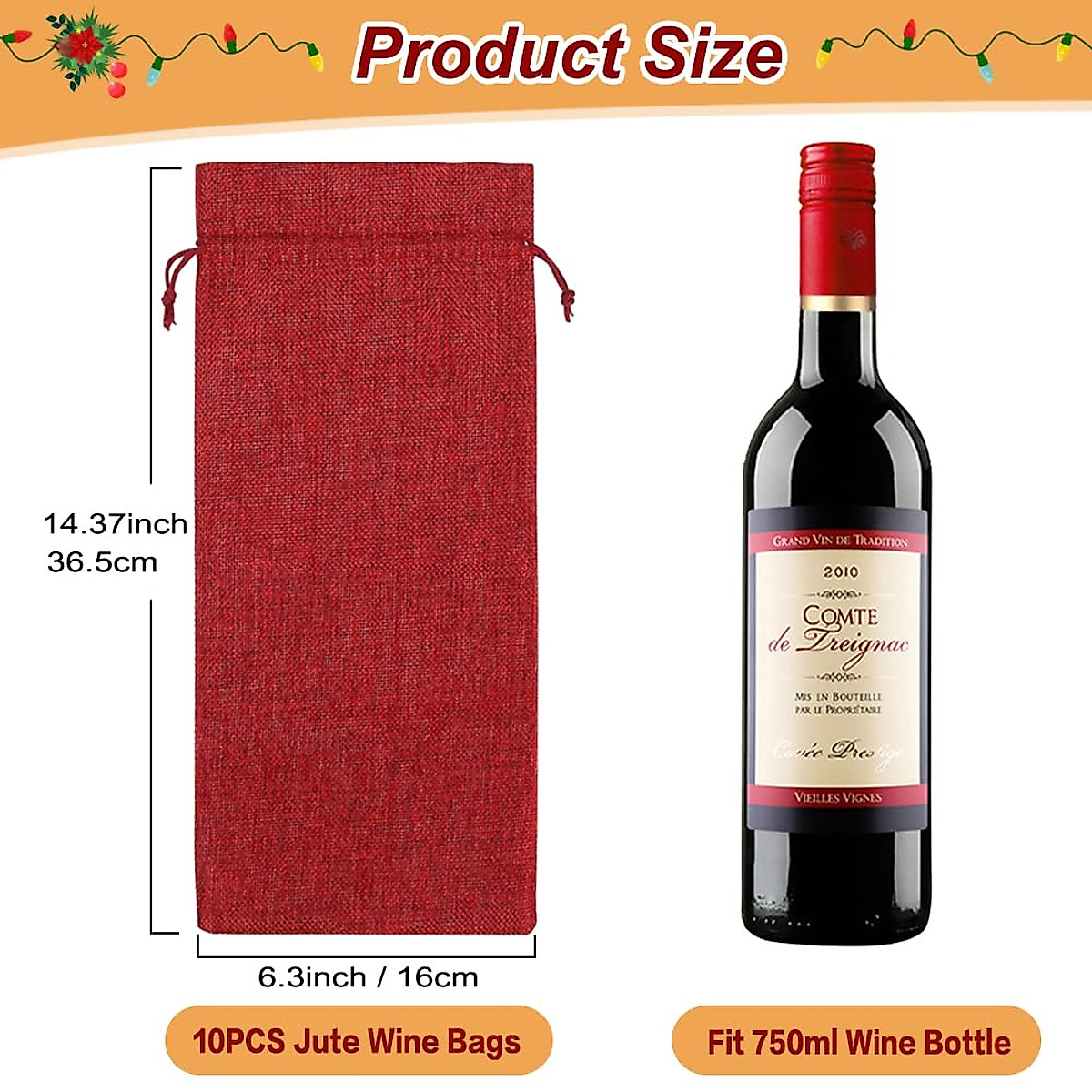 Shintop 10pcs Jute Wine Bags, 13.4 x 5.9 inches Hessian Wine Bottle Gift Bags with Drawstring for Wedding Christmas Wine Tasting Party Favors(Red)