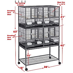 1/2/3-Combo Stacker Center Divided Breeder Breeding Bird Flight Double Rolling Cage for Aviaries Canaries Cockatiels Lovebirds Finches Budgies Small Parrots (Black Vein, Two Stacker)