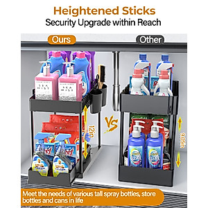 Stackable Under Sink Organizers and Storage - DILEASIR Upgraded 12in Heightened Sticks 2 Tier Under Sink Organizer with 4 Hanging Cups, 8 Dust Plugs, 8 Hooks, Multi-function Storage, Black, 2 Pack