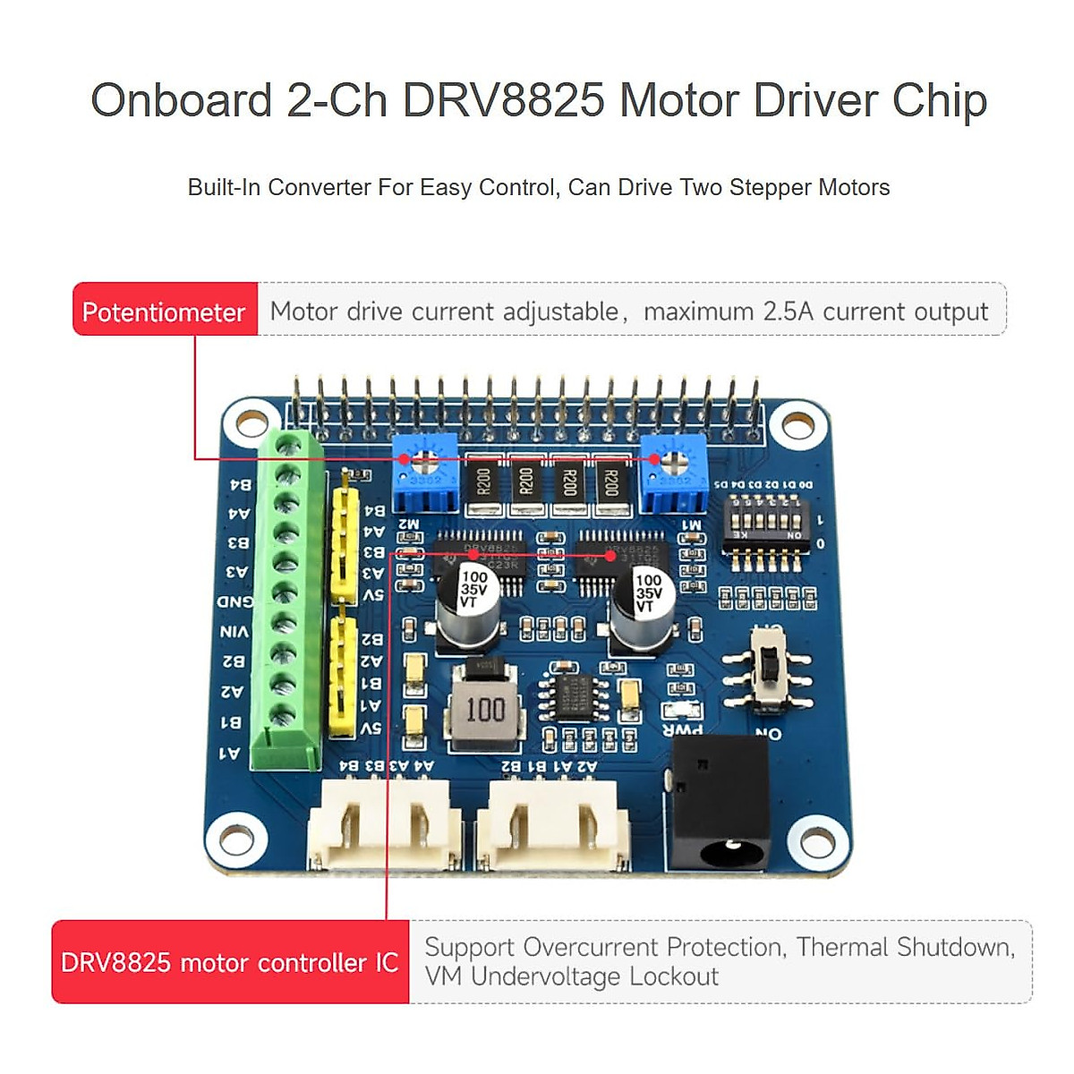 Stepper Motor HAT Drives Two Stepper Motors Up to 1/32 Microstepping for Raspberry Pi Zero/Zero W/Zero WH/2B/3B/3B+/4B/5 for Use 3D Printer etc @XYGStudy