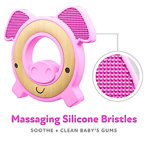 Nuby Natural Wood & Silicone Teether: Pig, 3M+, Pink (80803)