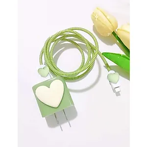 Cute Green 3D Heart Cable Protector for iPhone Charger Cover MazaniParis Heart Unique Design for Phone Charger Cover Wire Saver for iPhone 14 13 12