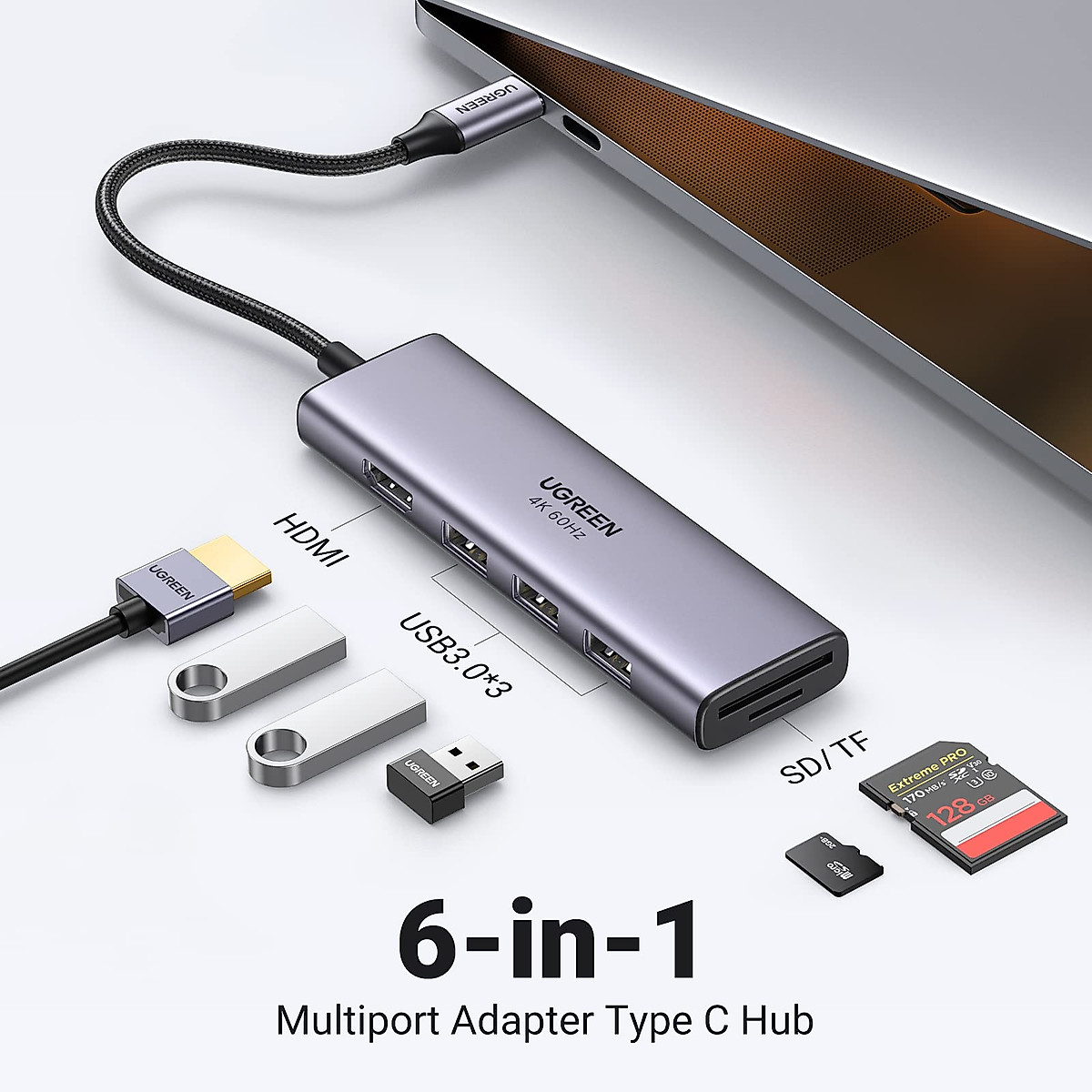 UGREEN USB C Hub 4K@60Hz, 6-in-1 Multiport Adapter with 3 USB 3.0/1 HDMI Ports, SD/TF Card Reader, USB C Dongle for Laptop Tablet iPad MacBook Pro Air Dell Samsung Mac Mini 2023