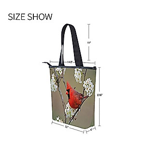 Women's Canvas Zipper Closure Handbag Red Cardinal Bird Tote Bag with Large Capacity