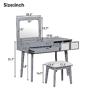 Lifeand 43.3" Classic Wood Makeup Vanity Set with Flip-top Mirror and Stool, Dressing Table with Three Drawers and Storage Space,Gray