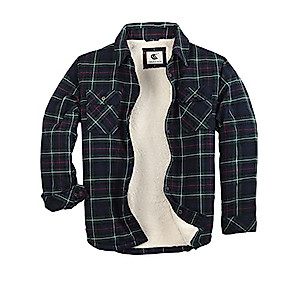 COEVALS CLUB Men's Flannel Shacket Casual Button Snap Sherpa Quilted Lined Plaid Premium Jacket Shirts(Green/Navy/Black #11 2XL)