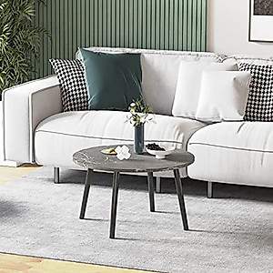 WiberWi Round Coffee Table 23.6” Small Coffee Tables for Living Room Faux Grey Marble Top Modern Circle Table Sturdy Black Solid Wood Legs Cocktail Table End Table