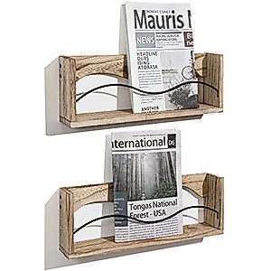 Sapowerntus Wood Book Shelves Wall Mounted, Rustic Nursery Magazine Holder Organizer Vinyl Record Rack with Curve Rail Wave Design, Wall Bookshelf Home Room Office Decor, Set of 2