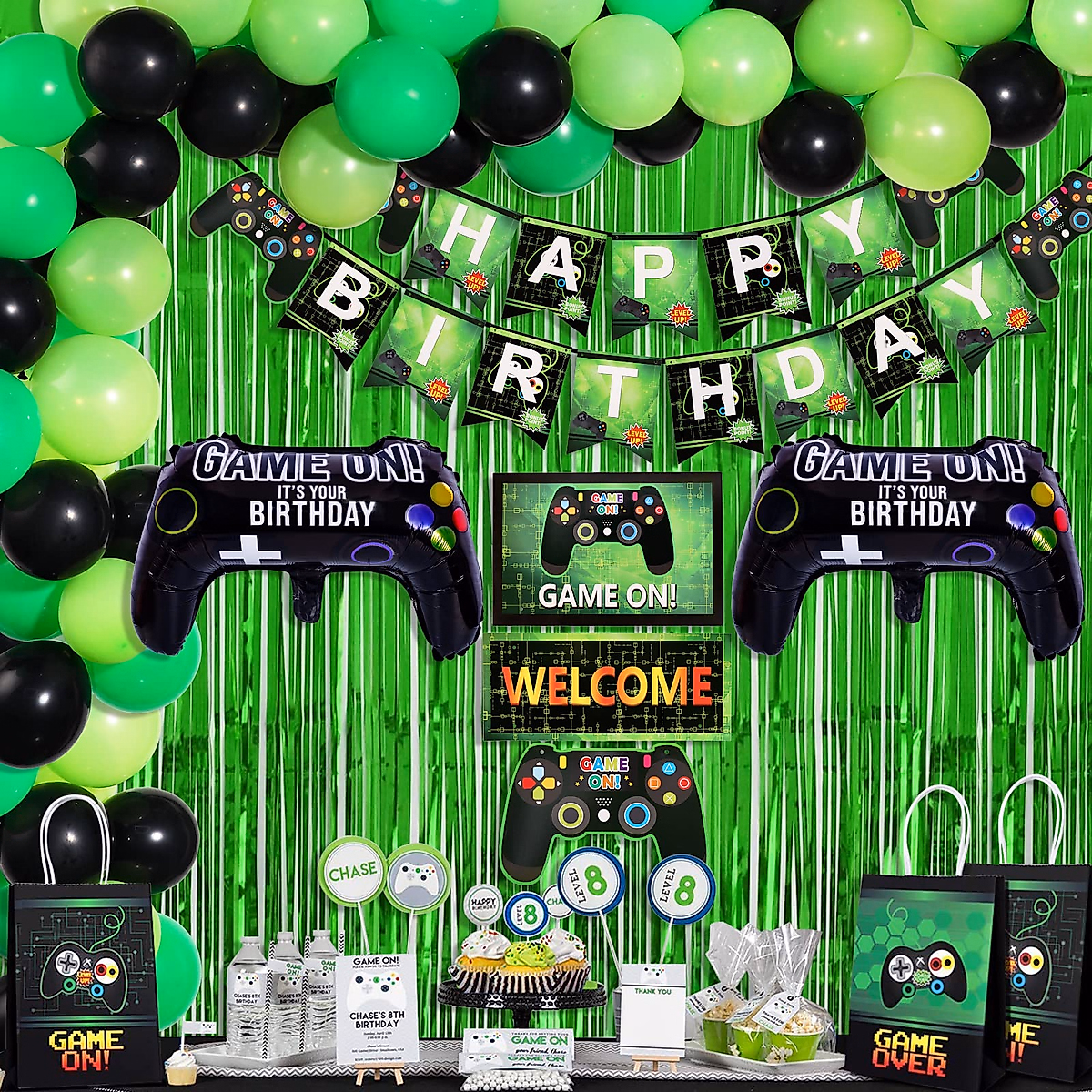 Garma Video Game Party Supplies, Gamer Birthday Decorations for Boys Including Green Black Balloons Garland Arch Kit Banner Hanging Sign Green Foil Fringe Curtains Gamepad Balloons