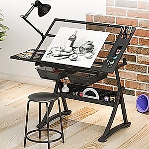 EESHHA Drawing Table Adjustable Glass Drafting Table,Versatile Art Study Table,with Storage Drawers,Art Studio Design Sketching Painting Work Station