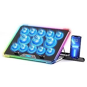 KYOLLY RGB Laptop Cooling Pad Gaming Laptop Cooler, Laptop Fan Cooling Stand with 13 Quiet Cooling Fans for 15.6-17.3 inch laptops, 9 Height Stand, LED Lights & LCD Screen, 2 USB Ports, Lap Desk Use