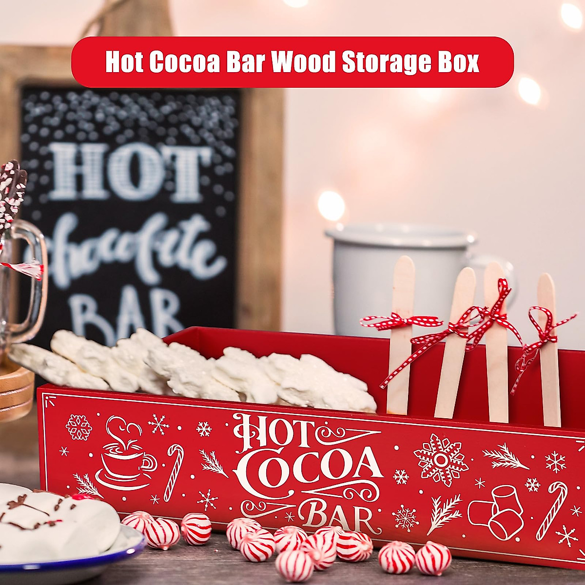 Uiifan 2 Pcs Christmas Hot Cocoa Bar Wood Storage Box with Handles Wood Box Decorative Wood Crate Wooden Basket Bin Serving Tray for Home Office Kitchen Xmas Holiday Gift Party Supplies