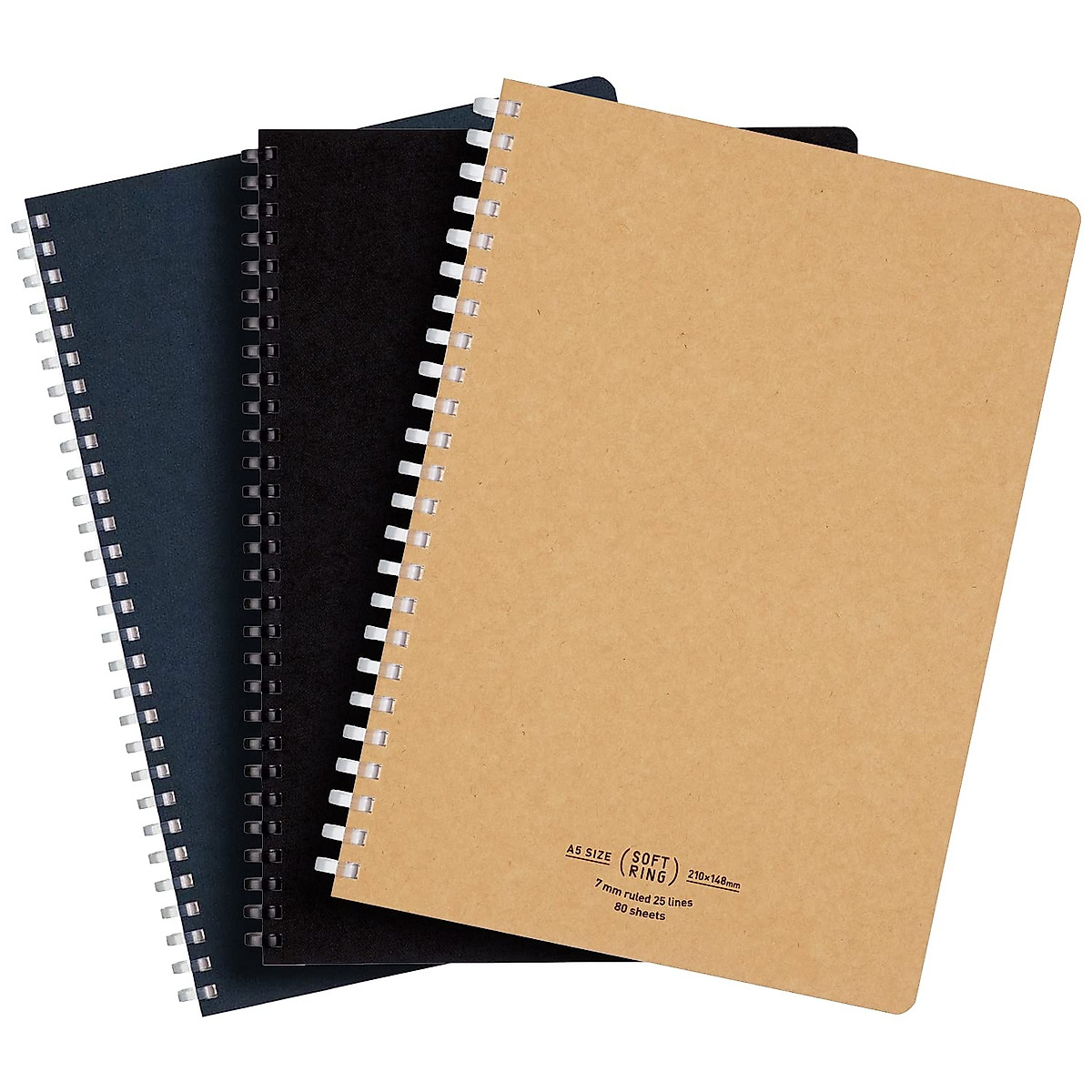 Kokuyo D Shaped Soft Ring Notebook, 7mm Rule, 25 Lines, 80 Sheets, A5, Natural Style, Set of Black, Beige, Navy, Japan Import (SU-SV638A)