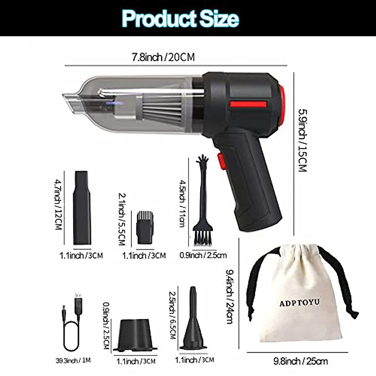 ADPTOYU 3-in-1 Portable Small Cordless handheld Vacuum Cleaner Rechargeable with 9000PA Powerful Suction for Car/Office/Home, Extension Function to inflate/Deflate for Swimming Ring/Vacuum Storage Bag