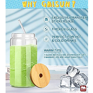 GMISUN Glass Cups with Lids and Straws, 16oz Iced Coffee Cup, Beer Can Glass with Lids and Straw, Drinking Glasses with Bamboo Lids Coffee Bar Accessories for Beer/Juice, Exclusive Transfer Labels