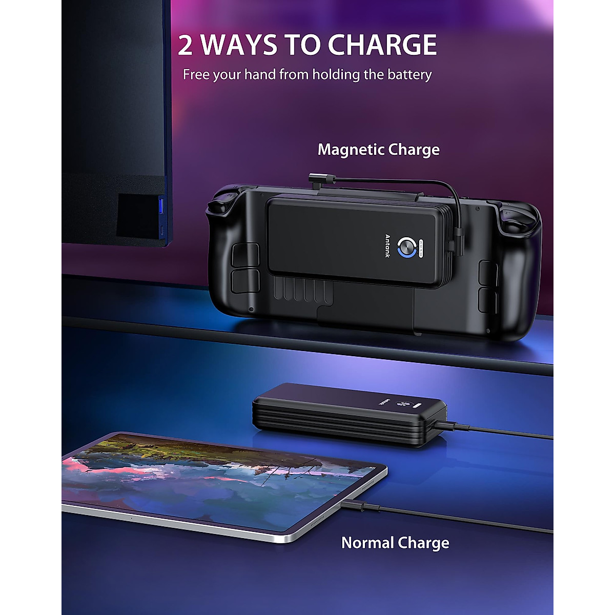 Antank Magnetic Power Bank Compatible with Steam Deck, 20000mAh 45W PD Fast 3.0 Charging Portable Battery Bank, External Battery Pack with Removable Magnetic Back Mount & Dual USB-C Cable