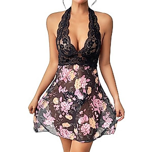 Avidlove Sexy Lingerie for Women Naughty Halter Babydoll Deep V Neck Chemise Sleepwear Short Nightgown