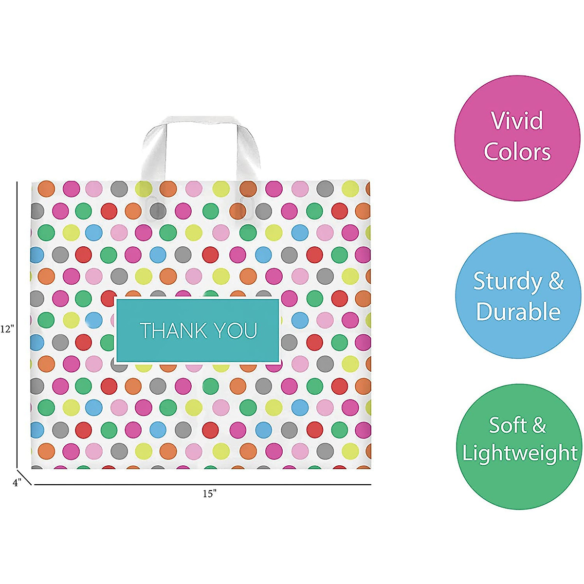 Purple Q Crafts Printed Polka Dot Thank You Bag. 50 PACK 15"x12". Frosted Soft Loop Shopping Bag with Gusset for Merchandise, Boutiques…