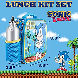 AI ACCESSORY INNOVATIONS Sonic Lunch Box Set for Boys & Girls, Stainless Steel Water Bottle with Carabiner Clip and Ice Pack, Insulated & Waterproof Lunch Bag with Zipper, 4 Pieces