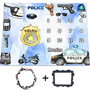 LUCKBTY Month Baby Milestone Blanket for Boy or Girl, Personalized Newborn Monthly Blanket for Pictures | Gun Police Theme Photography Blanket 48"x40" BTQQLU6