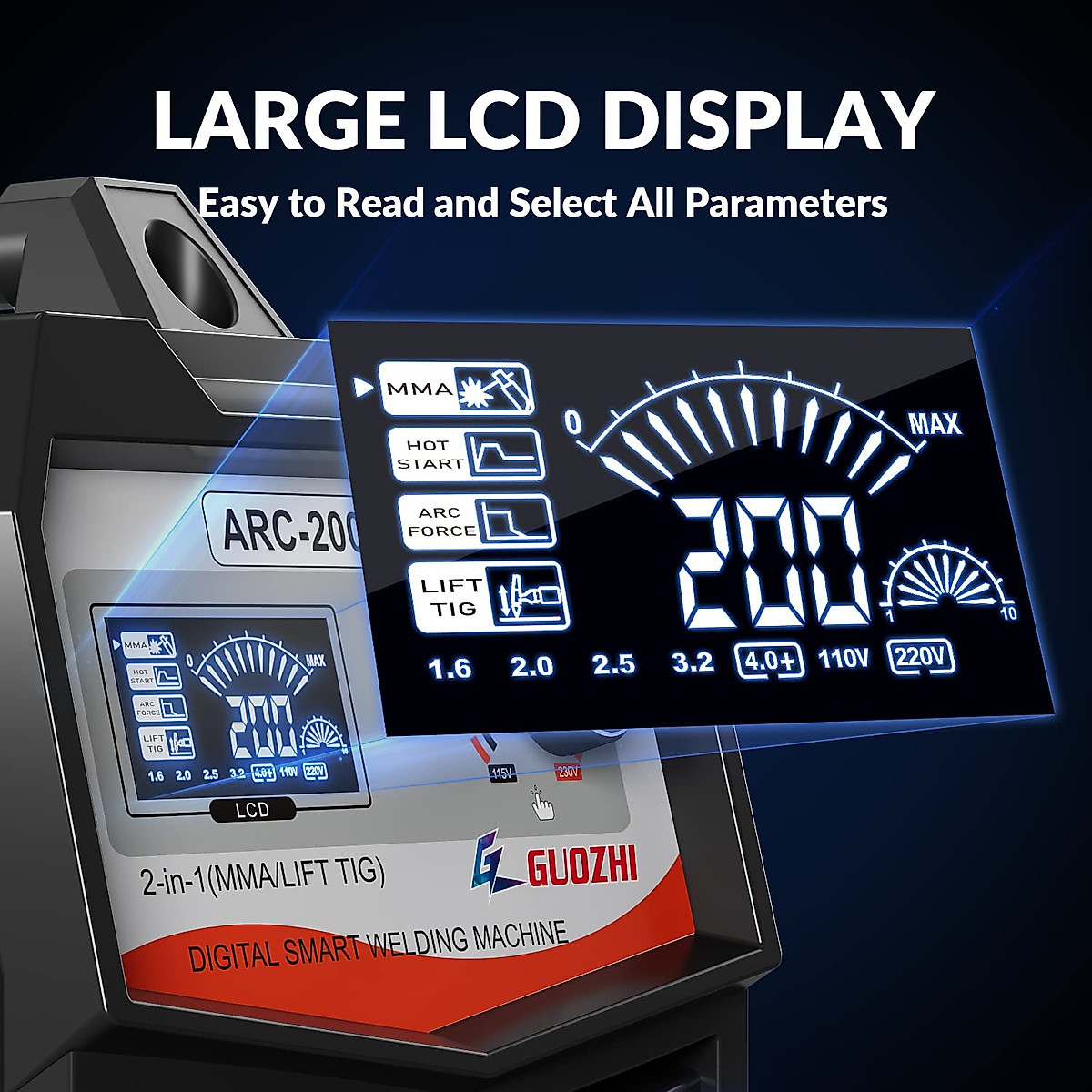 GZ GUOZHI Stick Welder, Actual 200A ARC/Lift TIG 2 in 1 Welder Machine with Large LCD Display, 110V/115V or 220V/230V Portable MMA Welding Machine with Synergic, Hot Start Arc Force Anti-Stick Welder