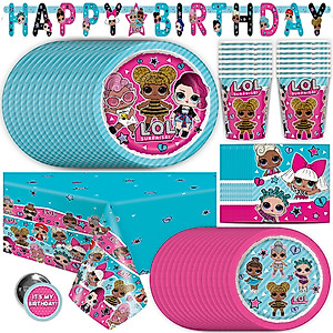 LOL Party Supplies Birthday Decorations | Serves 16 Guests | With Table Cover, Banner, Plates, Napkins, Cups, Button