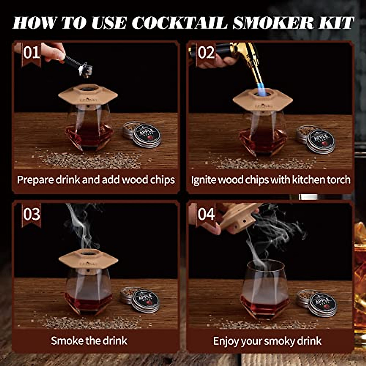 LEQMG Cocktail Smoker Kit with Six Flavors Wood Chips,Bourbon,Whiskey,Drink Smoker Kit,Old Fashioned Smoker Kit,Gift For Father,Husband and Men(Without Butane)