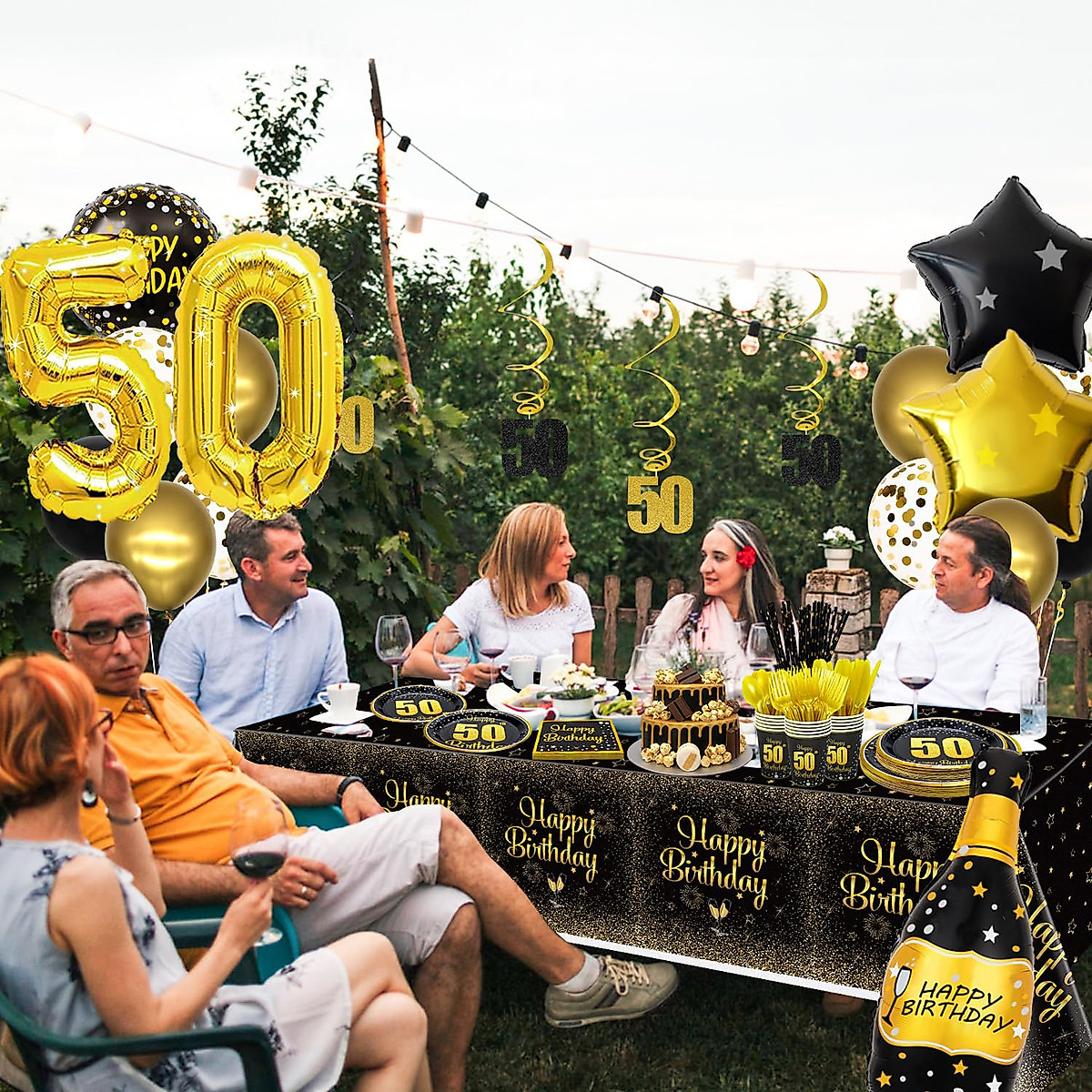 50th Birthday Decorations - Black and Gold Party Decorations, Black Gold Balloons, Banner, Plates, Napkins, Cups, Tablecloth, Birthday Party Supplies for Women and Men, Serve 20