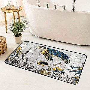 Sea Turtle Bathroom Area Rugs Fish Seahorses Octopus Coral on Wooden Bath Runner Floor Mat Washable Non-Slip Shower Carpet for Kitchen Living Room 39x20 inch