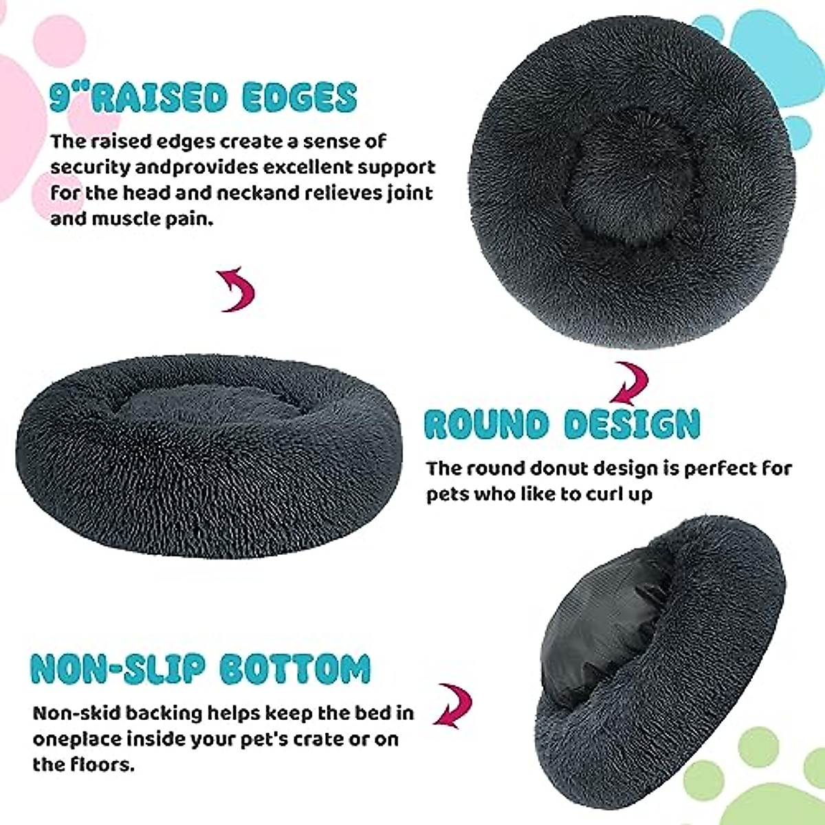 Coospdd Small Dog Bed, Anti-Anxiety Calming Dog Bed, Warming Cozy Soft Donut Dog Bed, Fluffy Faux Fur Plush Dog Bed for Small Dogs and Cats, Machine Washable.(Gray,20"/23"/30")