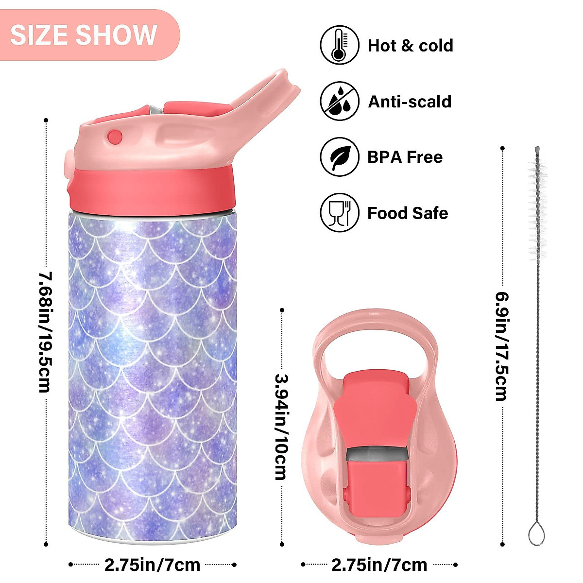 MCHIVER Mermaid Scales Kids Water Bottle with Straw Insulated Stainless Steel Kids Water Bottle Thermos for School Boys Girls Leak Proof Cups 12 oz / 350 ml Pink Top