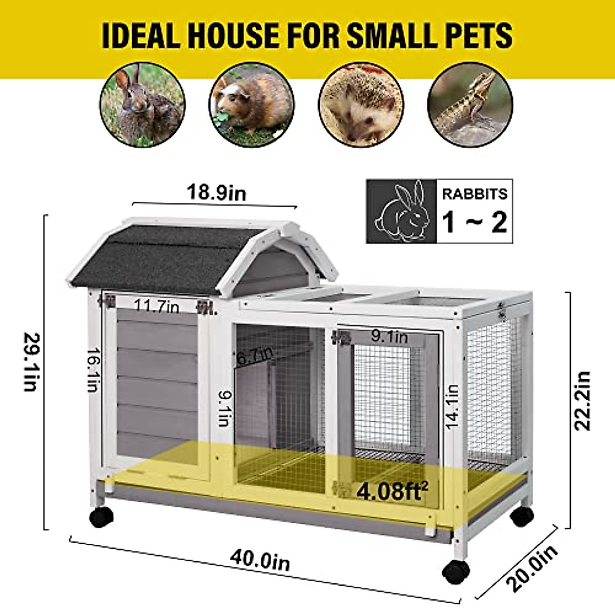 Ketive Rabbit Hutch Indoor- Rabbit cage Outdoor Bunny Hutch Outdoor Bunny Cage Fir Wooden Rabbit cage on 4 Lockabl Wheels Guinea Pig Cages with Ramp Small Animals Hideout Deep No Leak Pull Out Tray