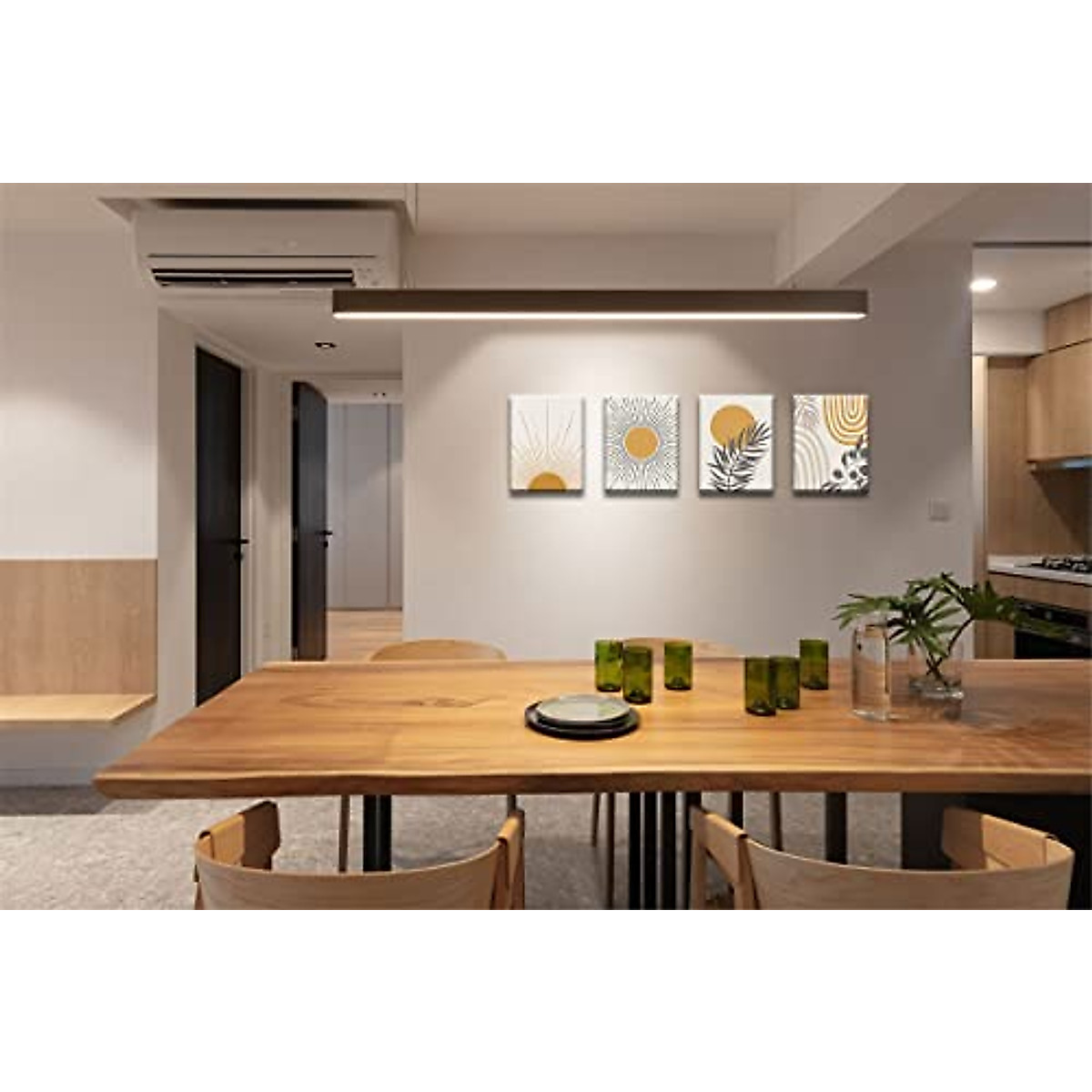 Abstract Bohemian Wall Art Sun Prints - Boho Line Poster Pictures Mid Century Canvas Artwork Framed 12x16 Inches Plant Leaf Minimalist Painting Home Decoration for Bedroom Bathroom Living Room Decor