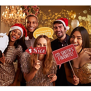 Glitter Christmas Photo Booth Props Kit - 25 Count Large Photography Party Decorations Gifts, Fun Santa Elfie Selfie Posing Signs DIY Craft Backdrop Accessories for Birthday New Year Holiday