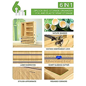 Bamboo Ziplock Bag Storage Organizer, 6 In 1 Foil and Plastic Wrap Organizer for Kitchen Drawer, Uamector  Aluminum Foil Dispenser with Cutter, Compatible within 12" Roll 