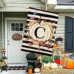 ORTIGIA Monogram Letter C House Flag Fall Pumpkin 28x40 Inch Double Sided Vertical Thankful Floral Yard Flag for Outside Burlap Family Last Name Initial Yard Seasonal Holiday Outdoor Decoration