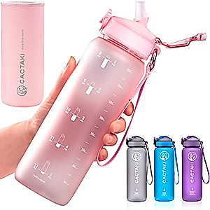Cactaki 32 oz Water Drinking Bottle with Time Marker - Stay Hydrated - Hydration Tracker & Reminder to Drink With Hourly Measurement Markings - Leak Spill Proof & BPA Free