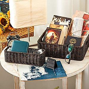 EZOWare Set of 4 Decorative Woven Storage Tray Bins, Resin Wicker Tray Drawer Organizer Basket Containers for Baby Nursery Room - 2 Sizes, Dark Brown