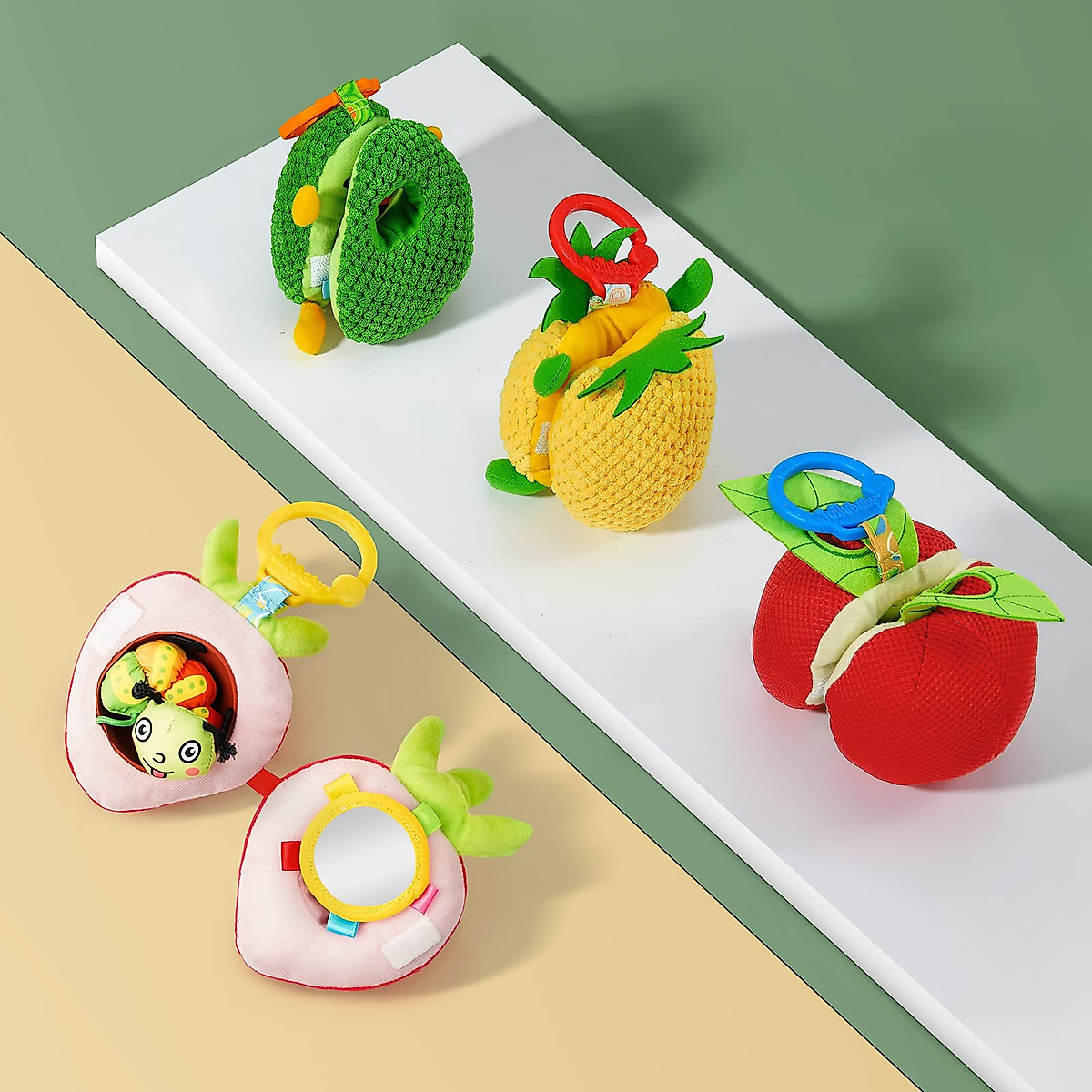 Jollybaby Plush Stuffed Fruit Baby Rattle Toy for Stroller Car Seat Crib, Montessori Sensory Plush Avocado Toy with Rattle and Mirro Toy for Baby 0-6-12 Months, Infant Baby Boy & Girl Shower Gift