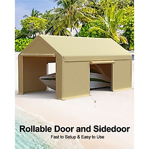 DEXSO Carport 10'x20' Heavy Duty Steel Canopy Height Adjustable & Portable Garage with Roll-up Ventilated Side Doors for Truck Boat Car Port, Party, Equipment Placement, Straw